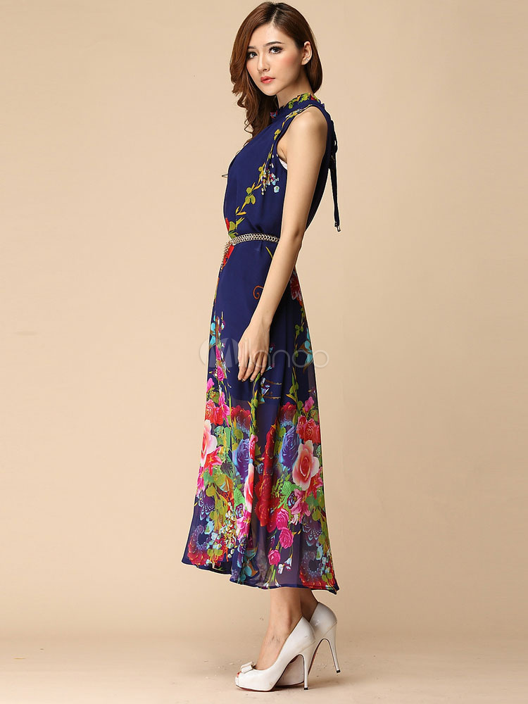 Vestido largo de seda elástica con estampado - Milanoo.com