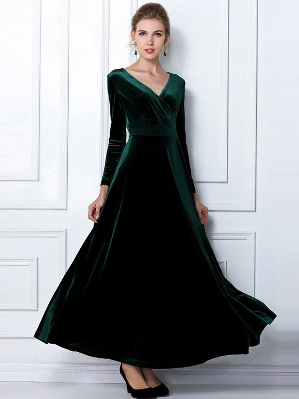 Robe maxi en velours de soie de col V et manche longue - Milanoo.com