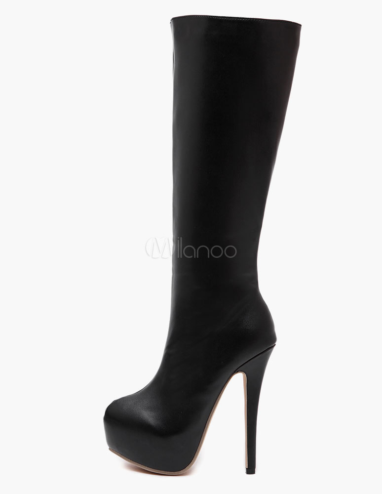 Almond Toe Platform Stiletto Heel Leather Knee Length Boots