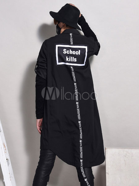 Men's Black Shirts Short Sleeve Punk Style High Low Relaxed Fit Cotton ...