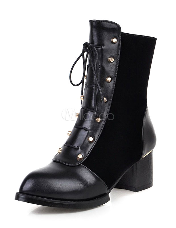 Red Suede Boots Women's Chunky Heel Round Toe Lace Up Spike Short Boots ...