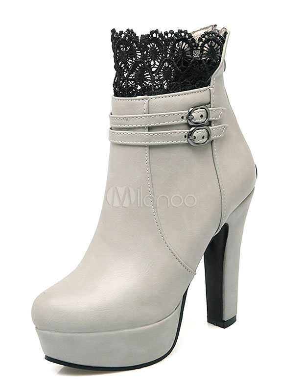 Talon noir bottines plateforme dentelle haut talon ronde Toe boucle ...
