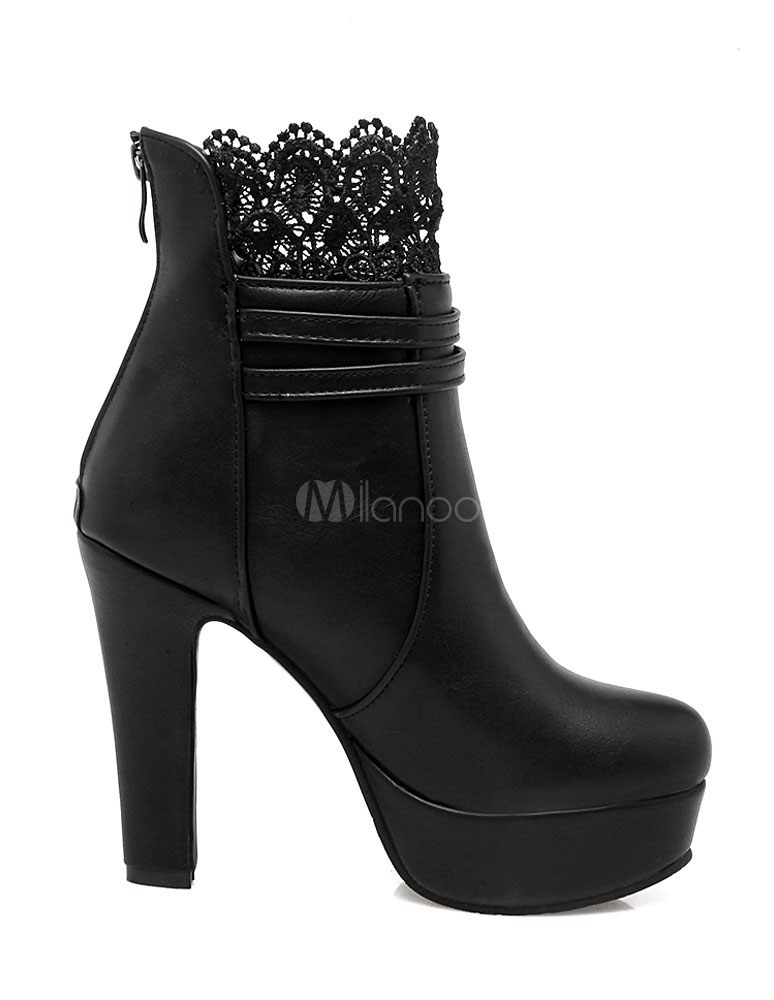 Talon noir bottines plateforme dentelle haut talon ronde Toe boucle ...