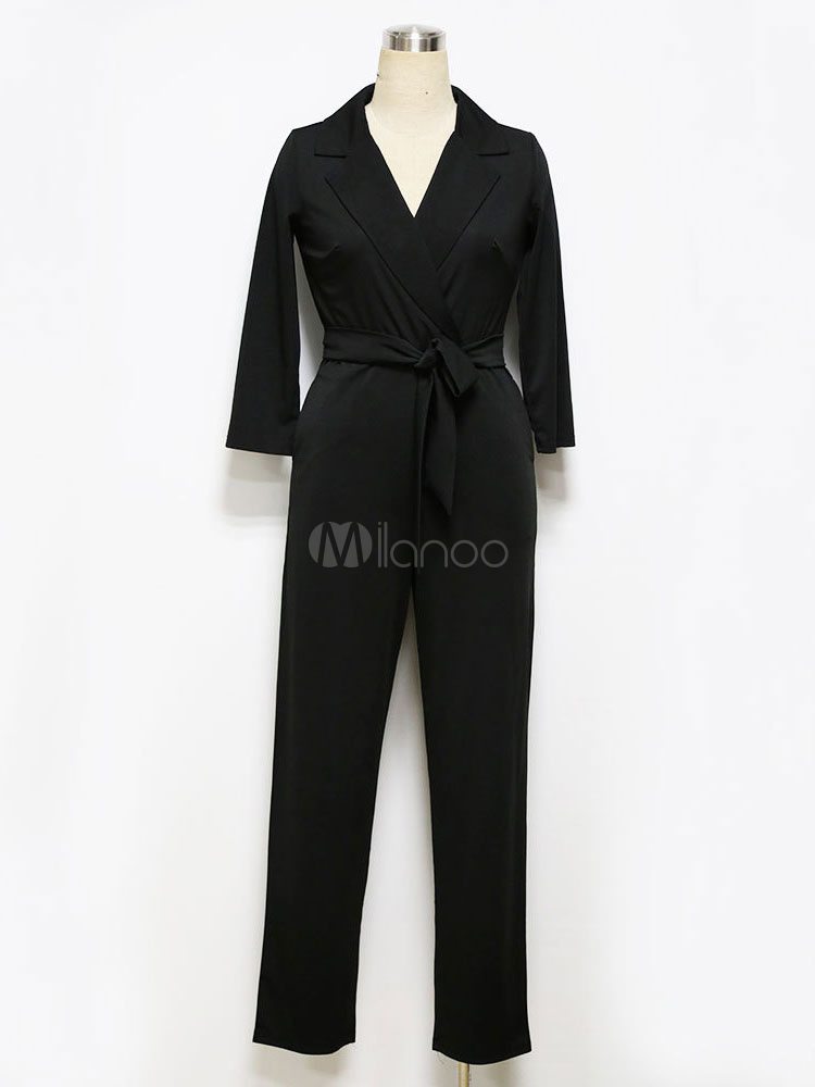 Mono de poliéster negro color liso cruzado de moda - Milanoo.com