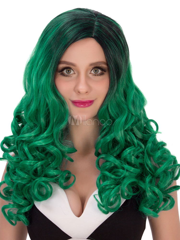 Carnival Hair Wigs Women's Alluring Green Layered Curly Side Parting ...
