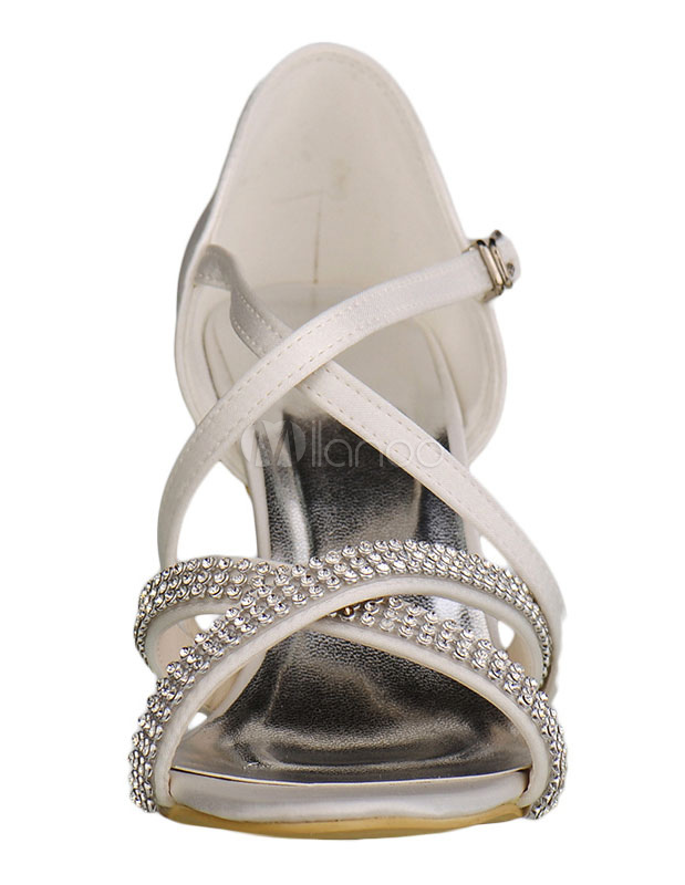 Sandales de mariée en satin ivoire unicolore avec strass à talons aigus ...
