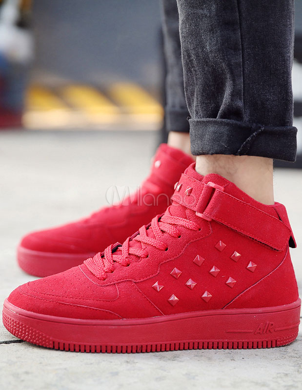 Suede Red Sneakers Flat Spikes High Top Lace Up Men's Casaul Shoes ...