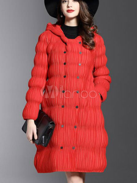 Red Padded Coat Women's Hooded Button Winter Coat - Milanoo.com