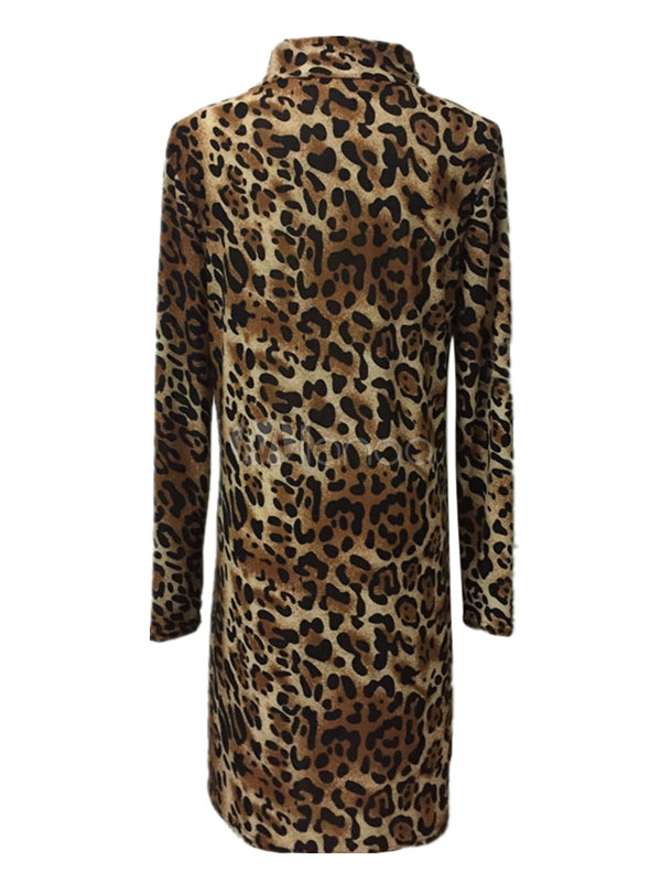 Leopard Print Shift Dress Cut Out Long Sleeve Stand Collar Womens