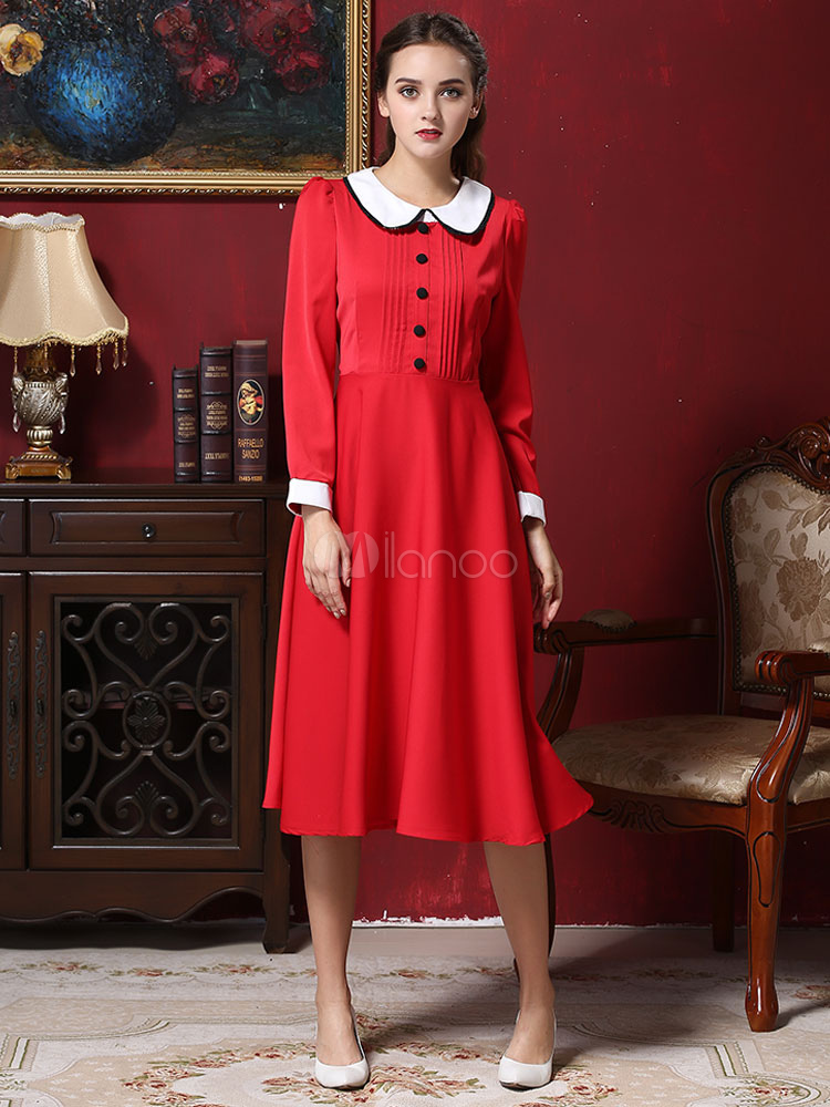 Vintage Red Polyester Maxi Dress for Woman - Milanoo.com