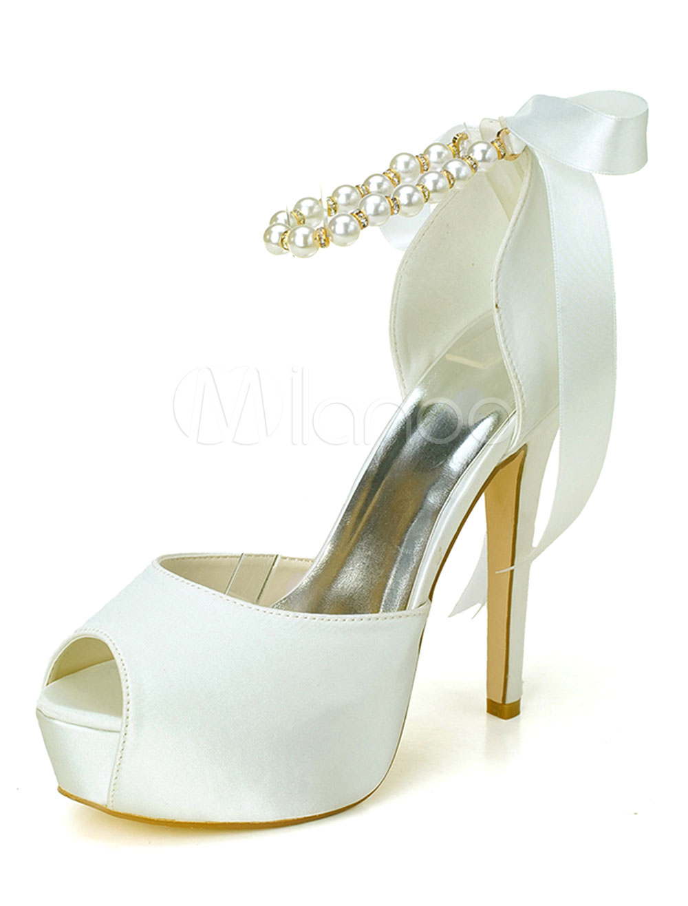White Bows Ankle Strap Peep Toe Satin Evening and Bridal Platforms ...