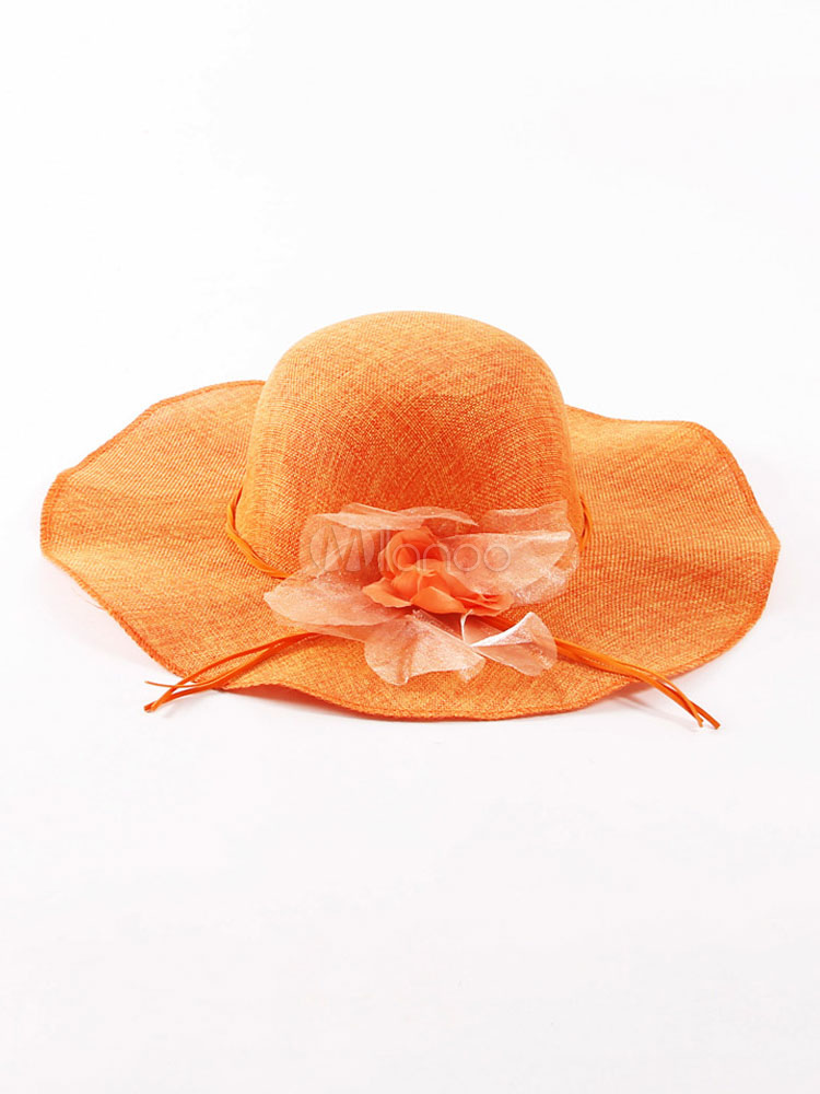 Orange Sun Hat Summer Flowers Ribbon Women's Beach Straw Hat - Milanoo.com