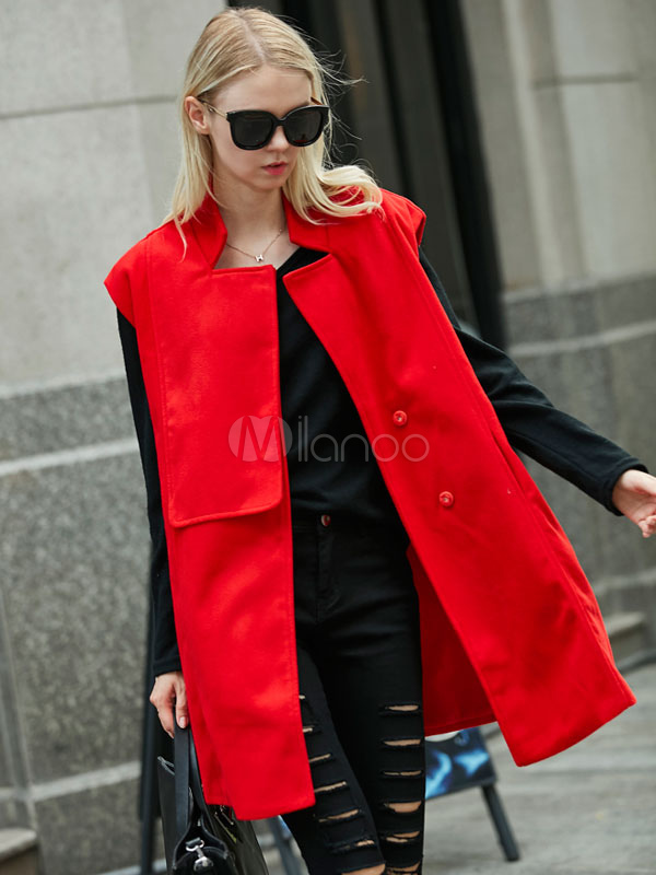 Women's Longline Vest Red Cotton Button Sleeveless Coat - Milanoo.com