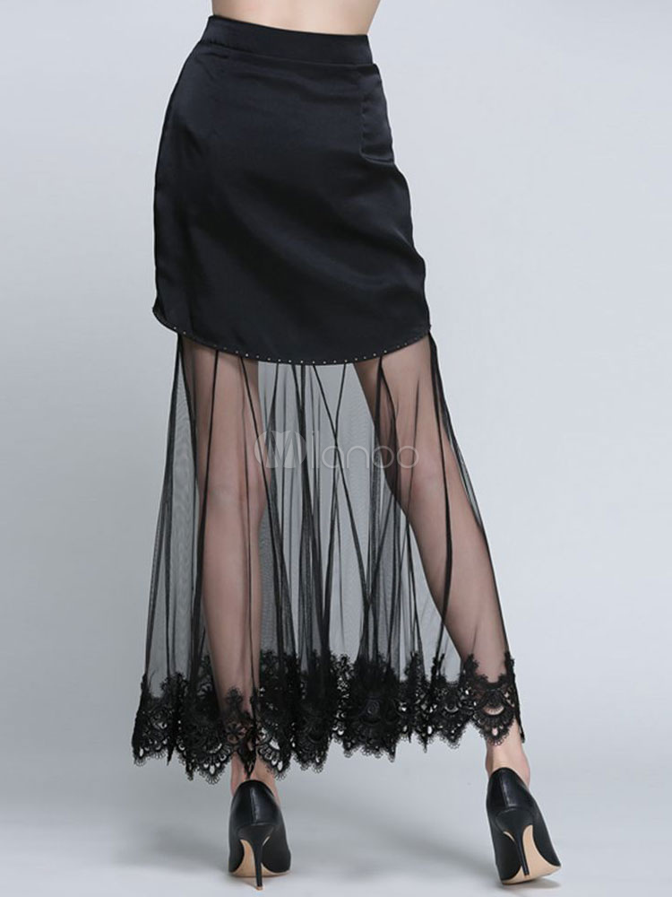 Schwarze Maxi Rock Damen High Taille Tüll Patchwork Semi-Sheer Lange ...