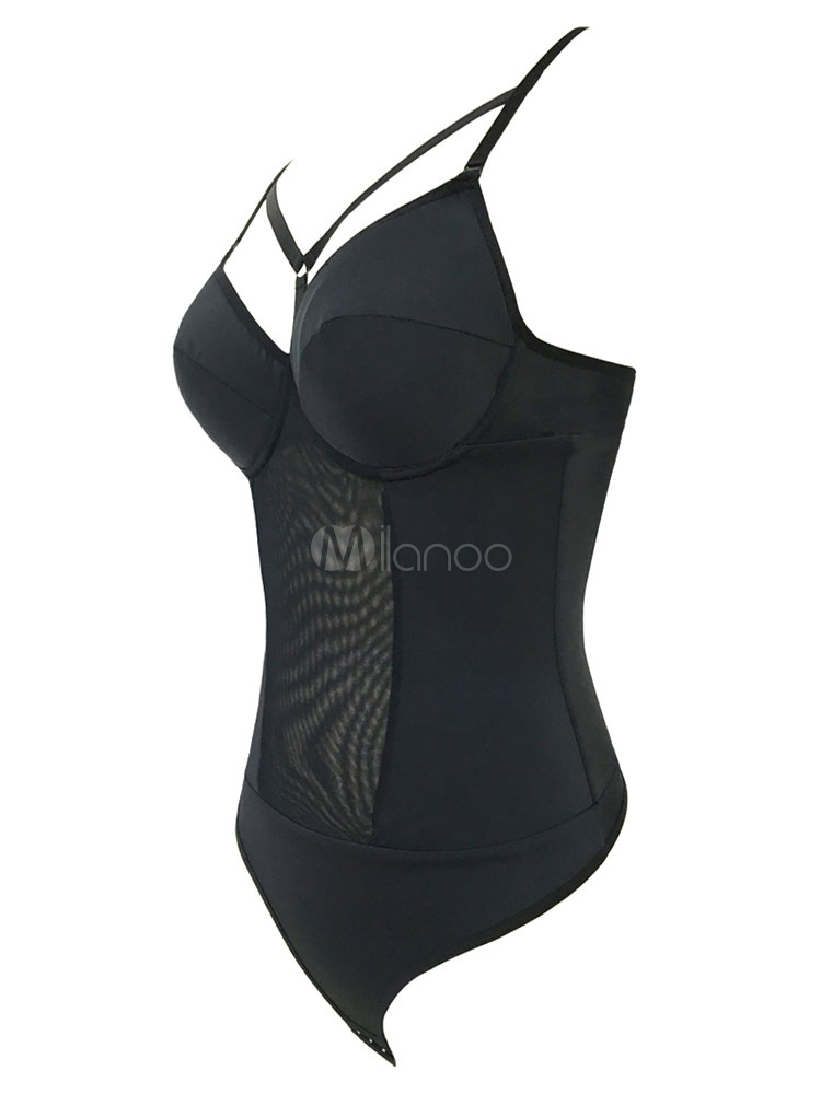 Black Sexy Teddies Womens Strappy Sleeveless Slim Fit Teddy Lingerie