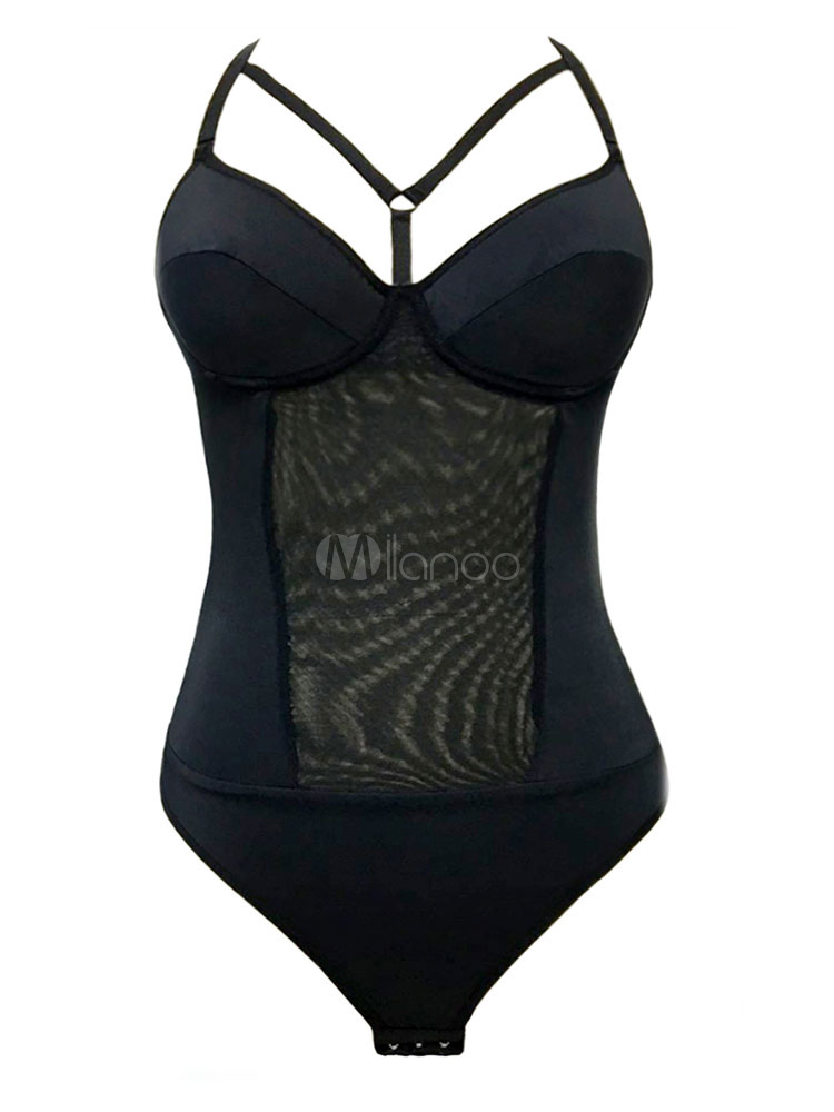 Black Sexy Teddies Womens Strappy Sleeveless Slim Fit Teddy Lingerie