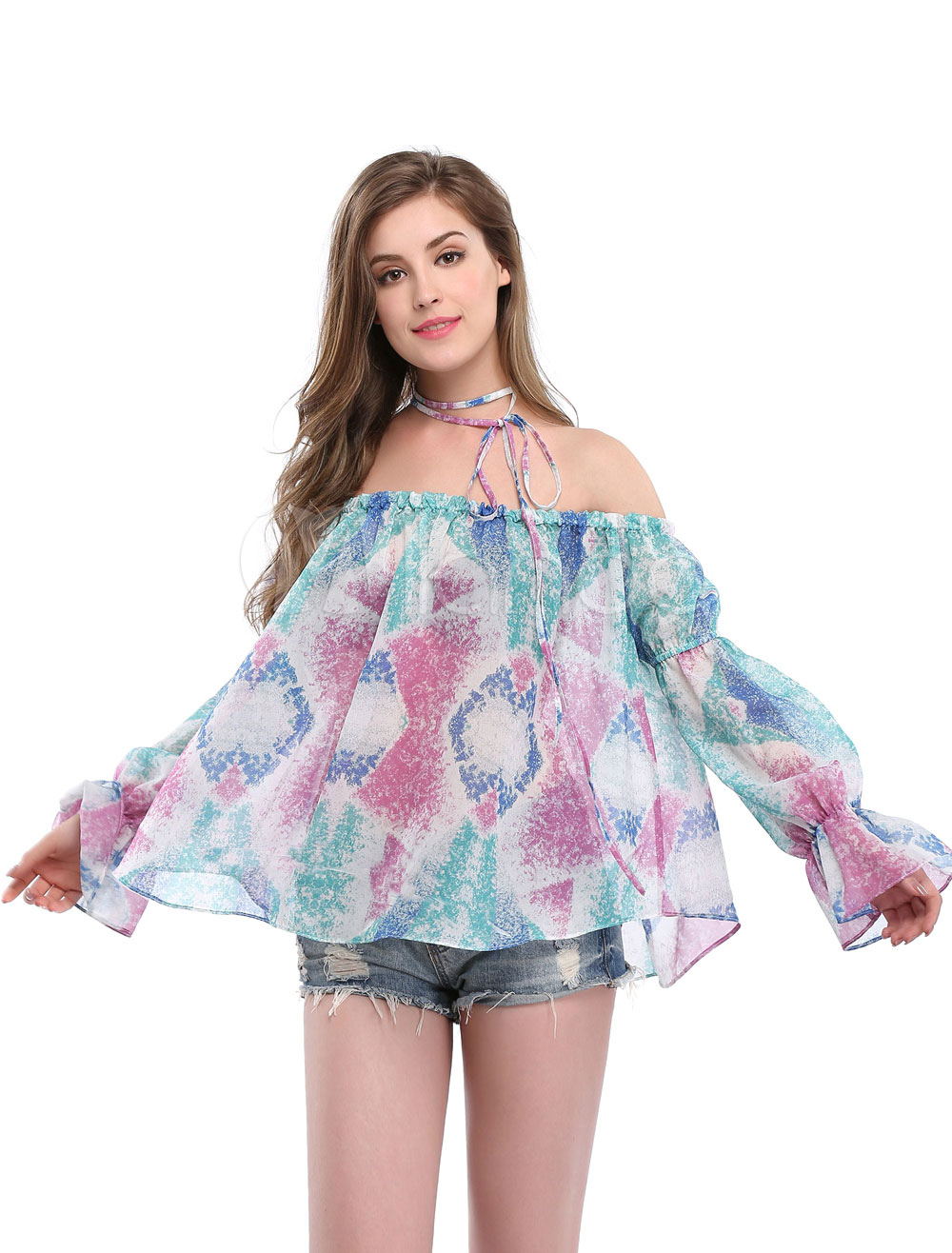 Pink Cover Ups Chiffon Long Sleeve Printed Off The Shoulder Womens