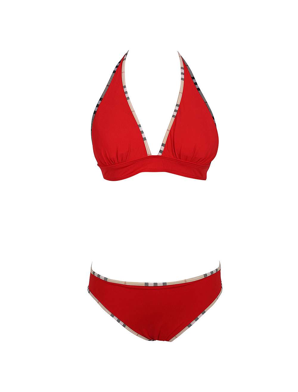 2 Pieces Swimsuit Red Halter Backless Piping Low Rise Sexy Bikini