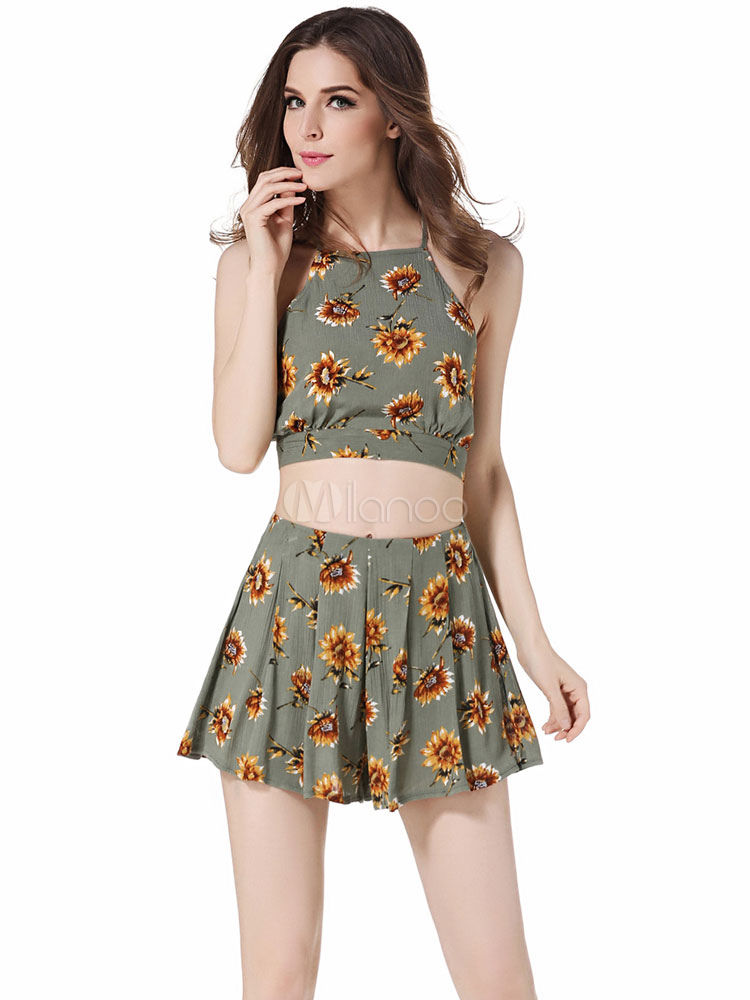 Summer Skirt Set Women's Sage Green Sleeveless Spaghetti Straps Cross ...