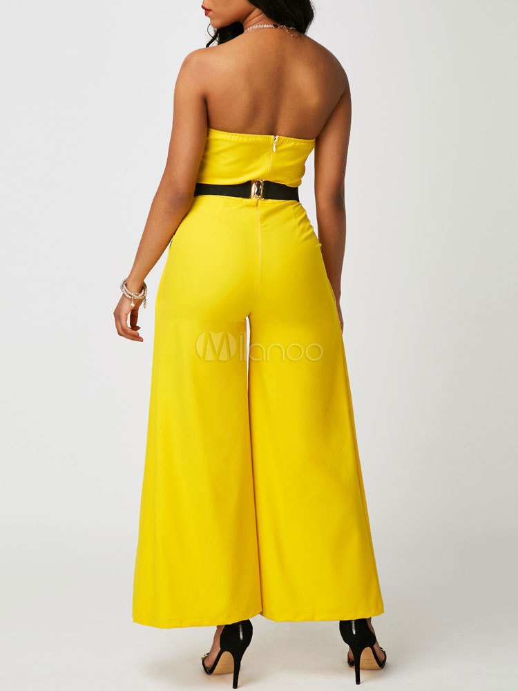 Yellow Long Jumpsuit Strapless Sleeveless Split Wide Leg Jumpsuit For Women