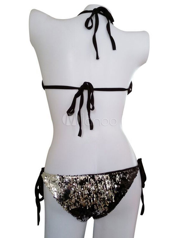 Black Metallic Monokini Swimsuit Halter Sleeveless Sequins Backless Cut ...