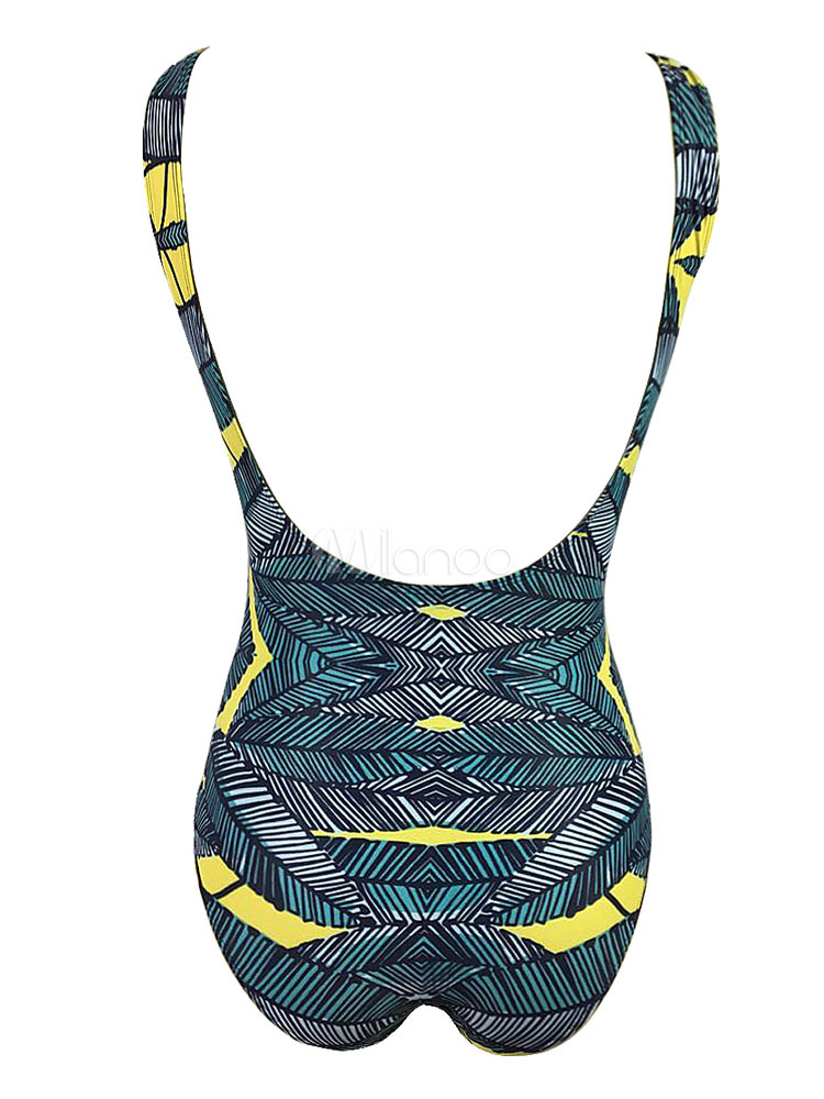 Neon Green Swimsuit U Neck Sleeveless Leaf Print Backless One Piece Womens Bathing Suits