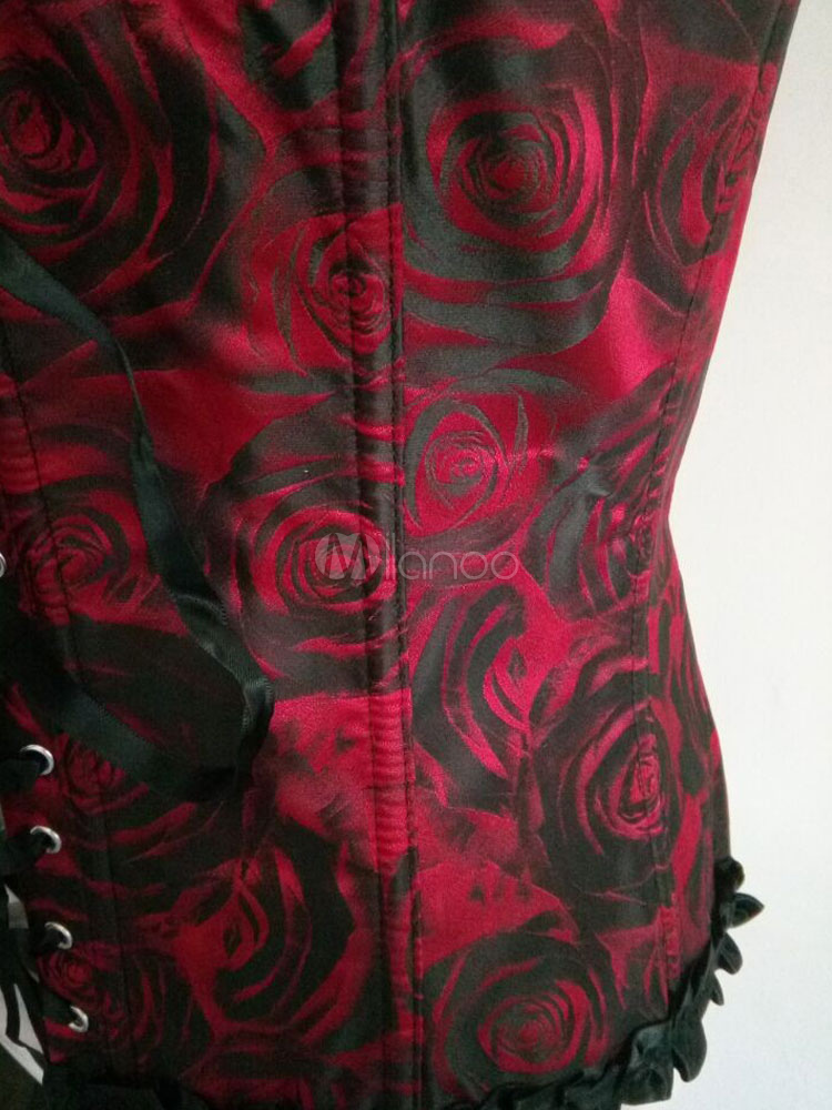 Red Corsets Set Sweetheart Neck Sleeveless Ruffles Rose Print Lace Up ...