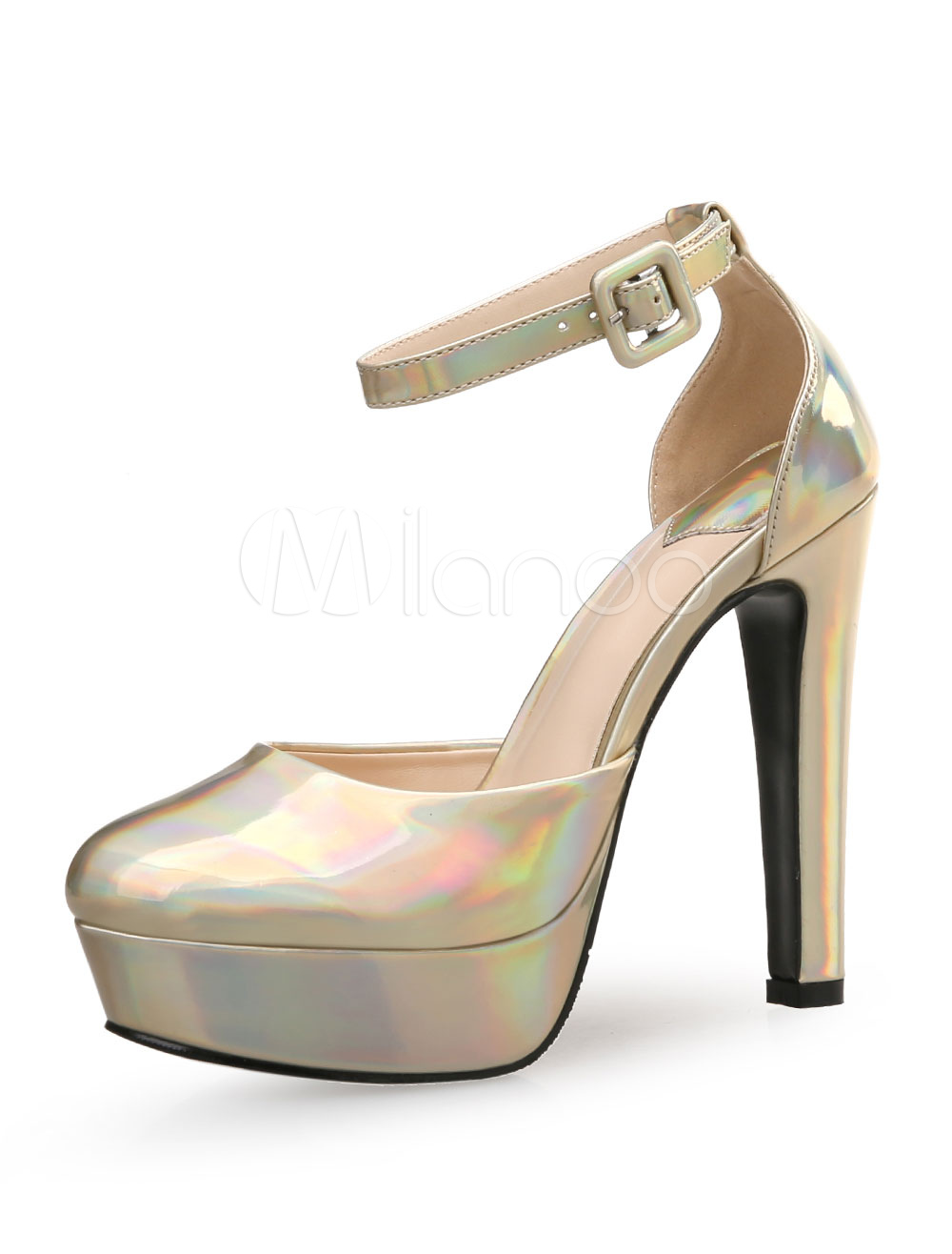 Silver High Heels Round Toe Ankle Strap Pump Shoes For Women - Milanoo.com