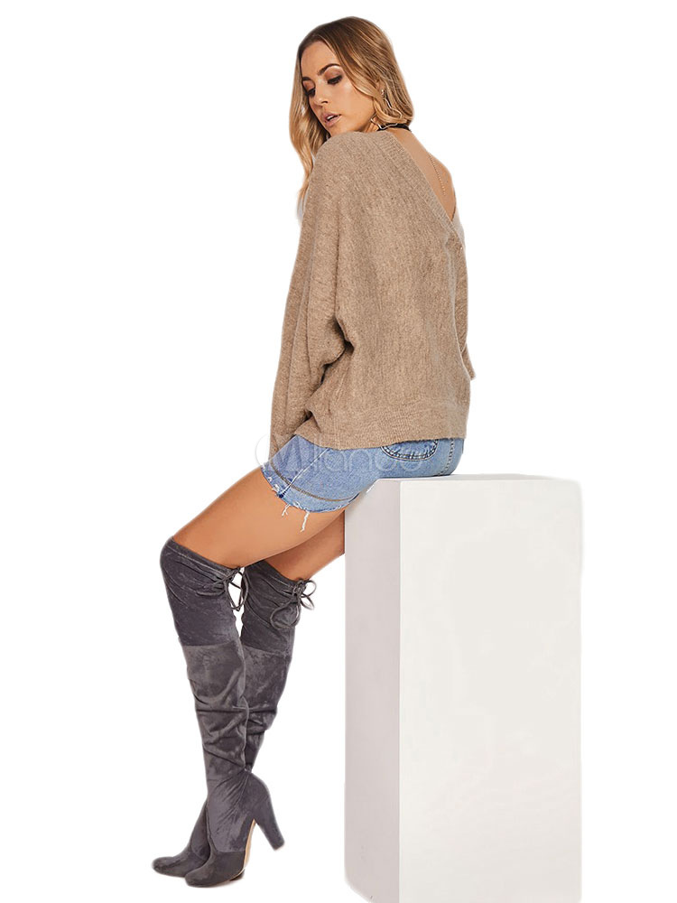 Light Brown Sweater V Neck Long Sleeve Backless Women's Knit Top ...