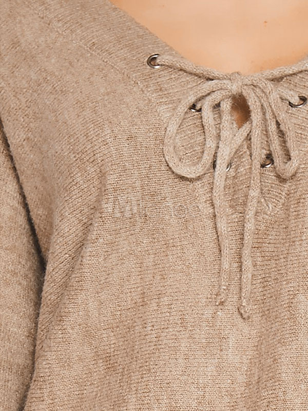 Light Brown Sweater V Neck Long Sleeve Backless Women's Knit Top ...