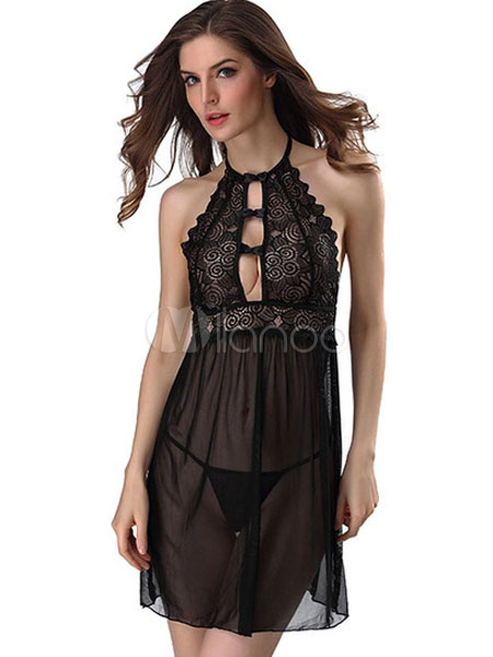 Red Babydoll Set Lace Patch Cut Out Backless Pleated Sexy Lingerie Set With T Back - Milanoo.com