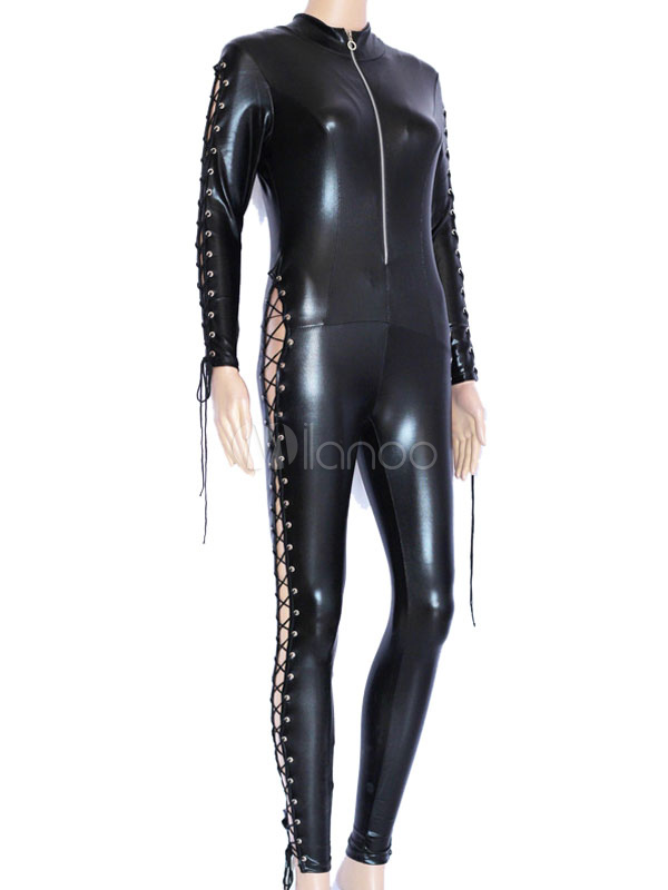 Black Sexy Catsuit Lace Up Long Sleeve Pole Dancing Clubwear For Women