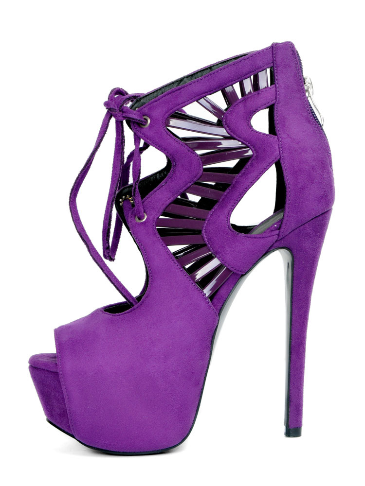 Womens Sexy Shoes High Heel Purple Peep Toe Platform Cut Out Lace Up
