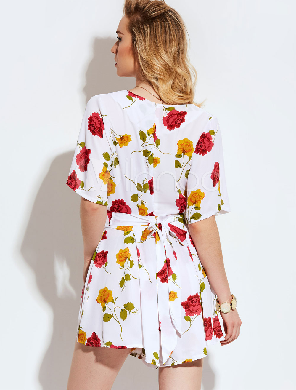 White Floral Romper Chiffon V Neck Short Sleeve Pleated Wide Leg Romper