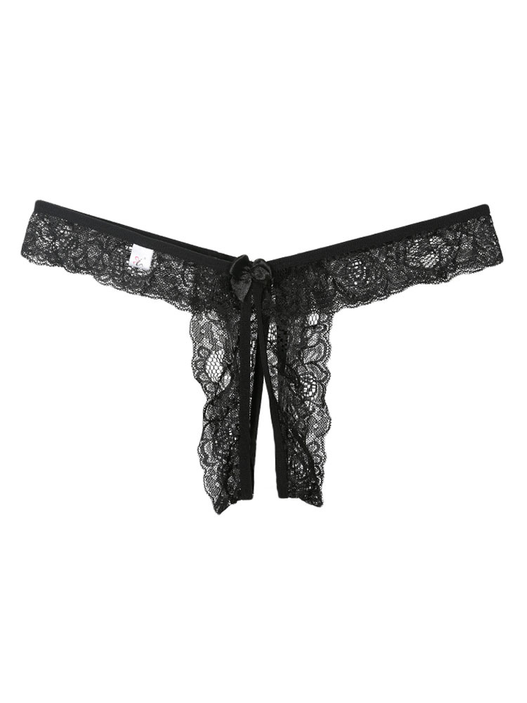 Black Lace Thong Bows Crotchless Sexy Panties For Women