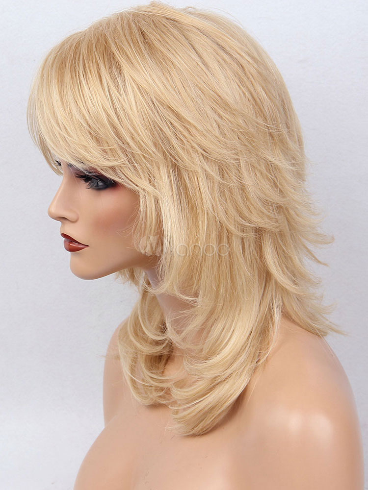 Natural Blonde Wig Layered Body Wave Side Swept Bang Women Human Hair ...