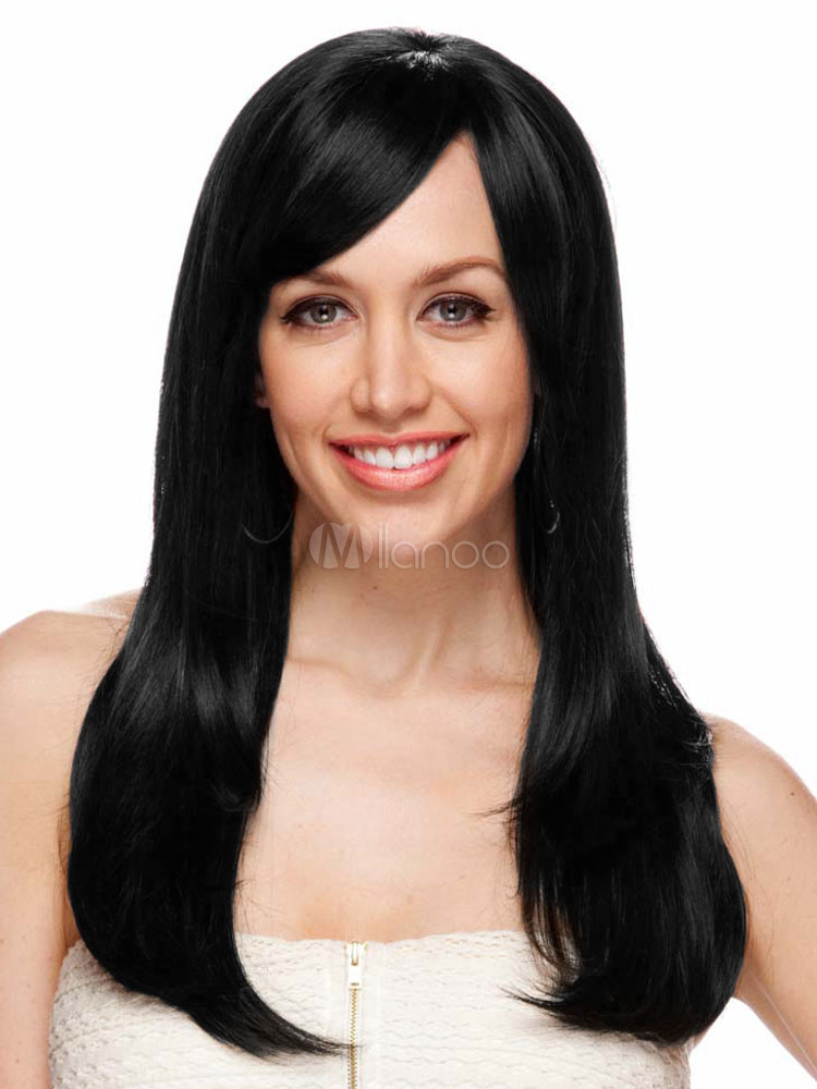 Black Hair Wig Side Swept Bang Layered Straight Long Women Human Hair Wig