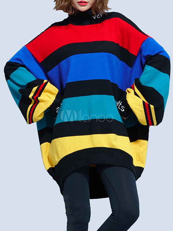 Suéter de poliéster azul con escote alto con dibujo de banda con manga ...