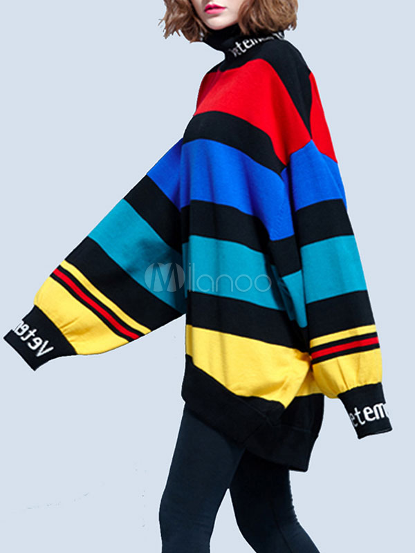 Suéter de poliéster azul con escote alto con dibujo de banda con manga ...