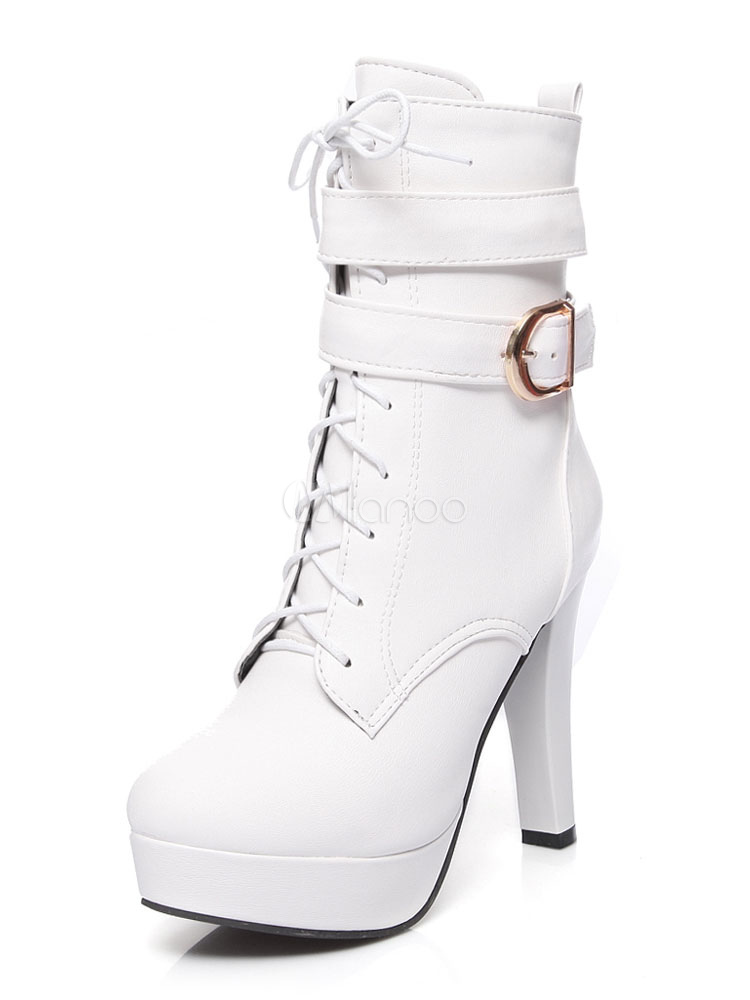 White Ankle Boots Women Shoes Round Toe Platform Buckle Detail Lace Up ...