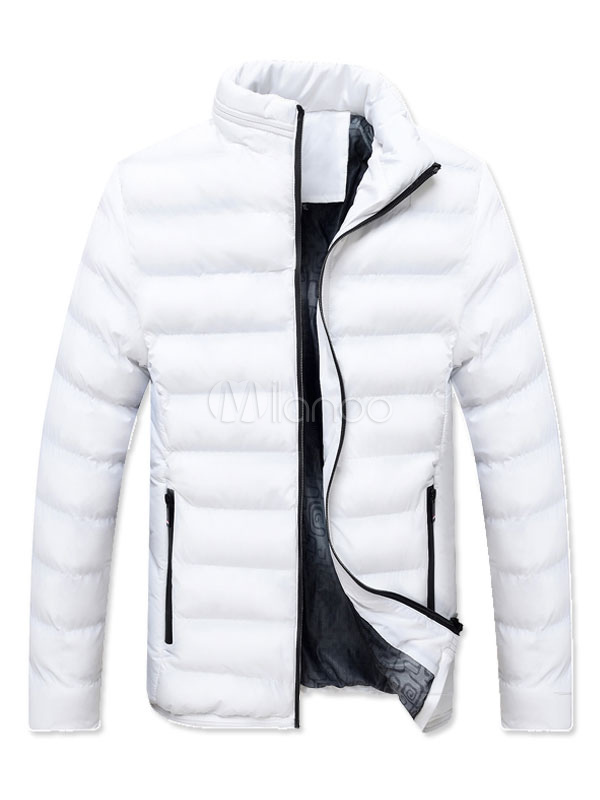 Men Puffer Coat Deep Blue Short Jacket Stand Collar Long Sleeve Zip Up ...
