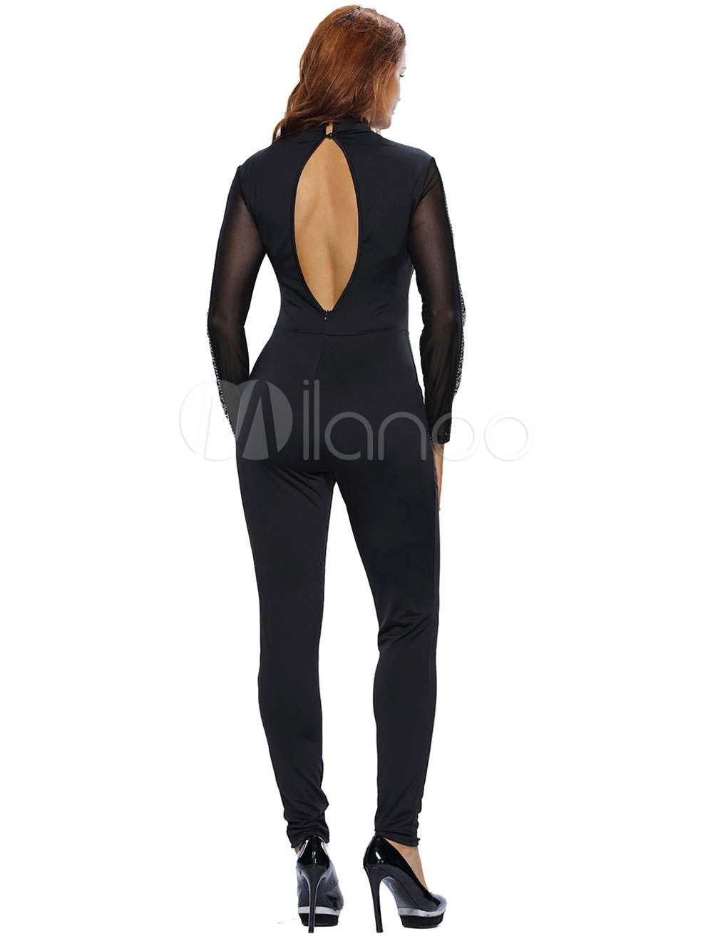 Sexy Black Jumpsuit Womens Stand Collar Long Sleeve Semi Sheer