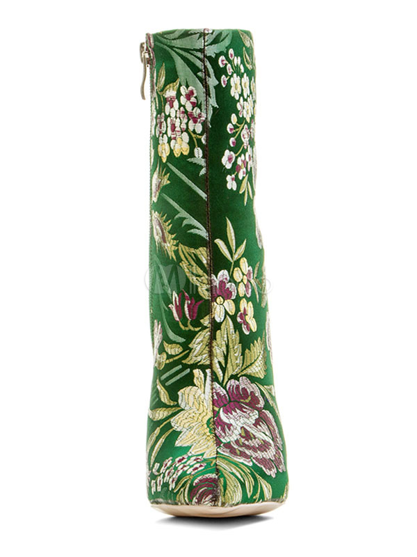 Green High Heels Satin Ankle Boots Pointed Toe Floral Embroidered High ...