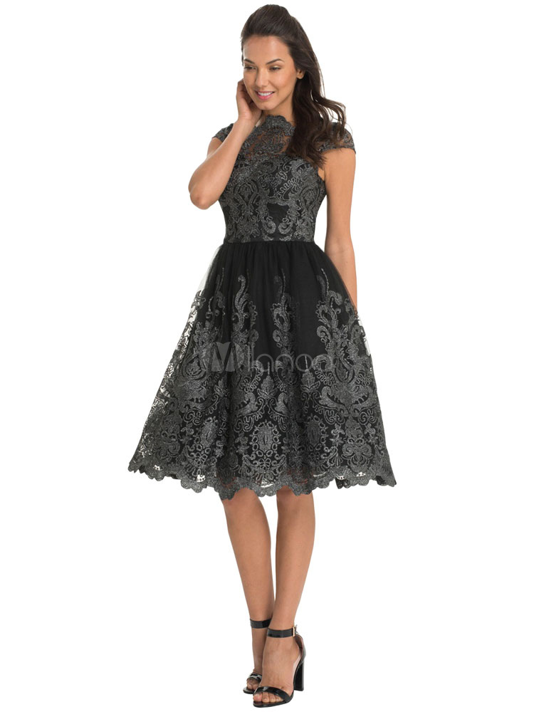 Vintage Lace Dress Fit Flare Party Dress Bateau Neckline Cap Sleeve