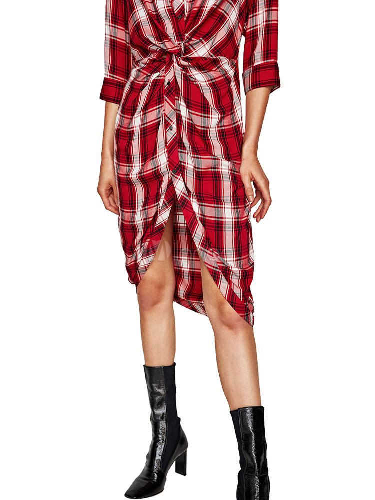 Red Shirt Dress Women Shift Dress Spread Collar 3/4 Length Sleeve Plaid ...