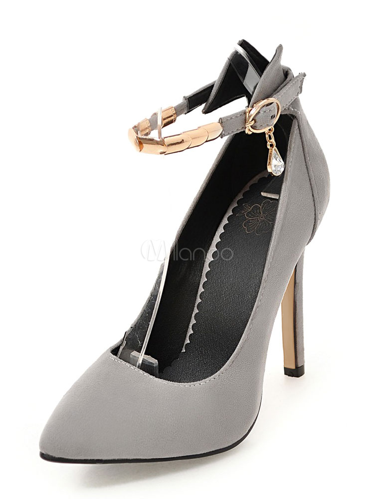 Red High Heels Suede Pointed Toe Ankle Strap Pumps Women Shoes ...