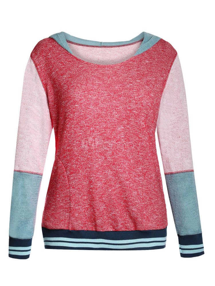 Women Spring Hoodie Long Sleeve Color Block Casual Top - Milanoo.com