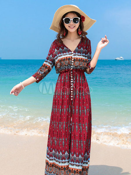 Boho Long Dress Summer Beach Dress V Neck Printed Three Quarter Sleeve ...
