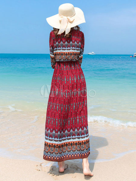 Boho Long Dress Summer Beach Dress V Neck Printed Three Quarter Sleeve ...