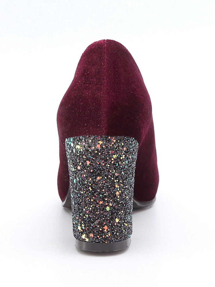 Burgundy High Heels Pointed Toe Slip On Pumps Glitter Chunky Heels For ...